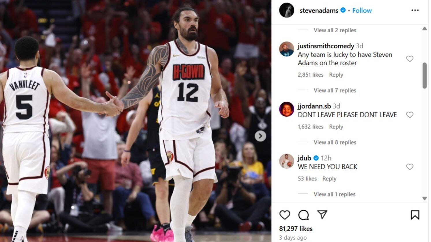 Rockets Fan Favorite Steven Adams’ Statement Sends Houston Fans Into Panic Mode