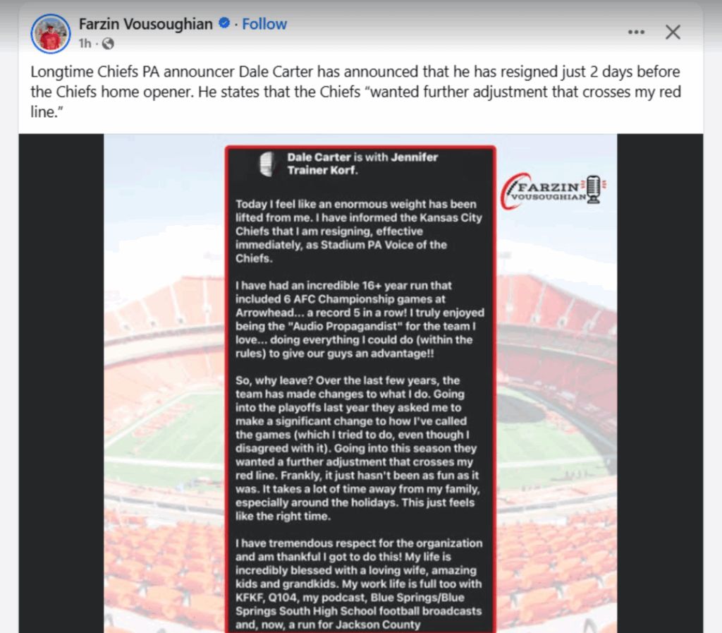 Chiefs PA Announcer Dale Carter Reveals the Reason He Resigned Just ...
