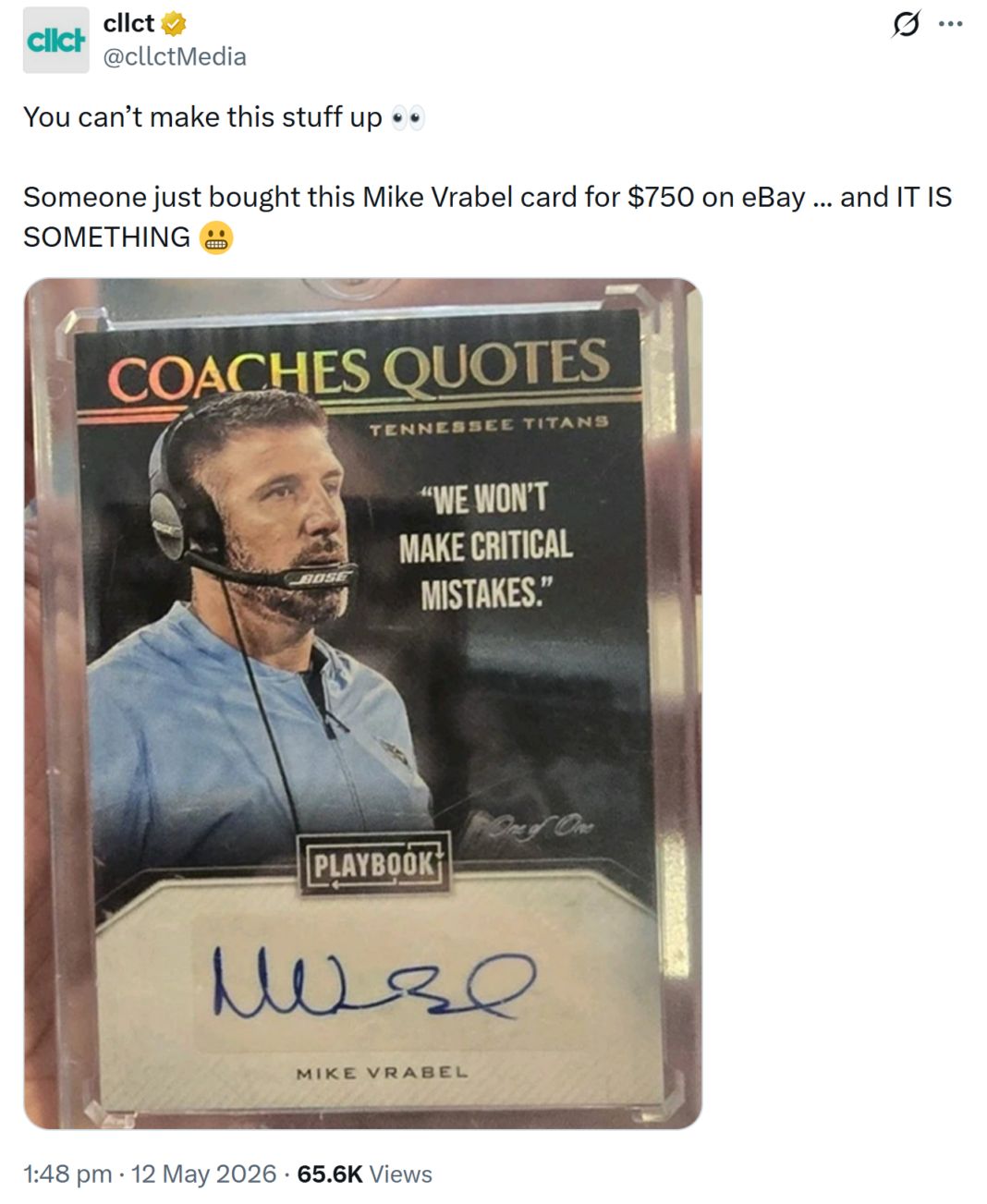 ‘Can’t Make This Stuff Up’ — Mike Vrabel Autographed Card With 5-Word ...